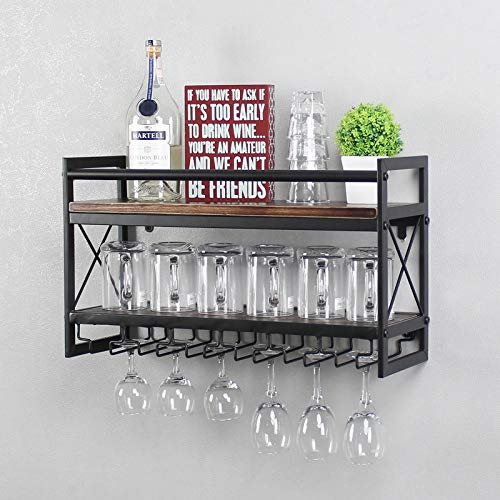 Weven Wine Rack Stemware Glass Rack,Industrial 24in 2-Tier Wood Shelf,Wall Mounted Wine Racks with 6 Glass Holder for Wine Glasses,Mugs,Home Decor,Rustic Black