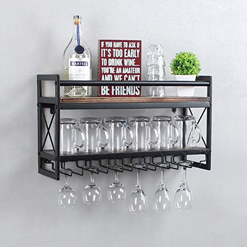 Weven Wine Rack Stemware Glass Rack,Industrial 24in 2-Tier Wood Shelf,Wall Mounted Wine Racks with 6 Glass Holder for Wine Glasses,Mugs,Home Decor,Rustic Black