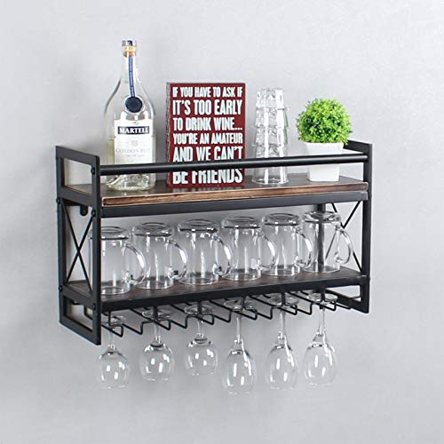 Weven Wine Rack Stemware Glass Rack,Industrial 24in 2-Tier Wood Shelf,Wall Mounted Wine Racks with 6 Glass Holder for Wine Glasses,Mugs,Home Decor,Rustic Black