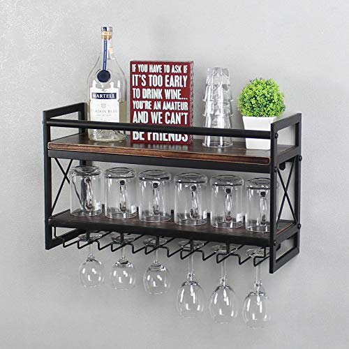 Weven Wine Rack Stemware Glass Rack,Industrial 24in 2-Tier Wood Shelf,Wall Mounted Wine Racks with 6 Glass Holder for Wine Glasses,Mugs,Home Decor,Rustic Black