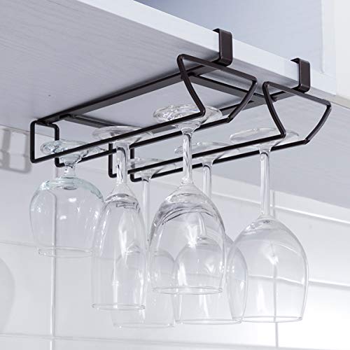 ORZ Double Wine Glass Rack Under Cabinet, No-drilling Large Stemware Hanger, Iron Bronze