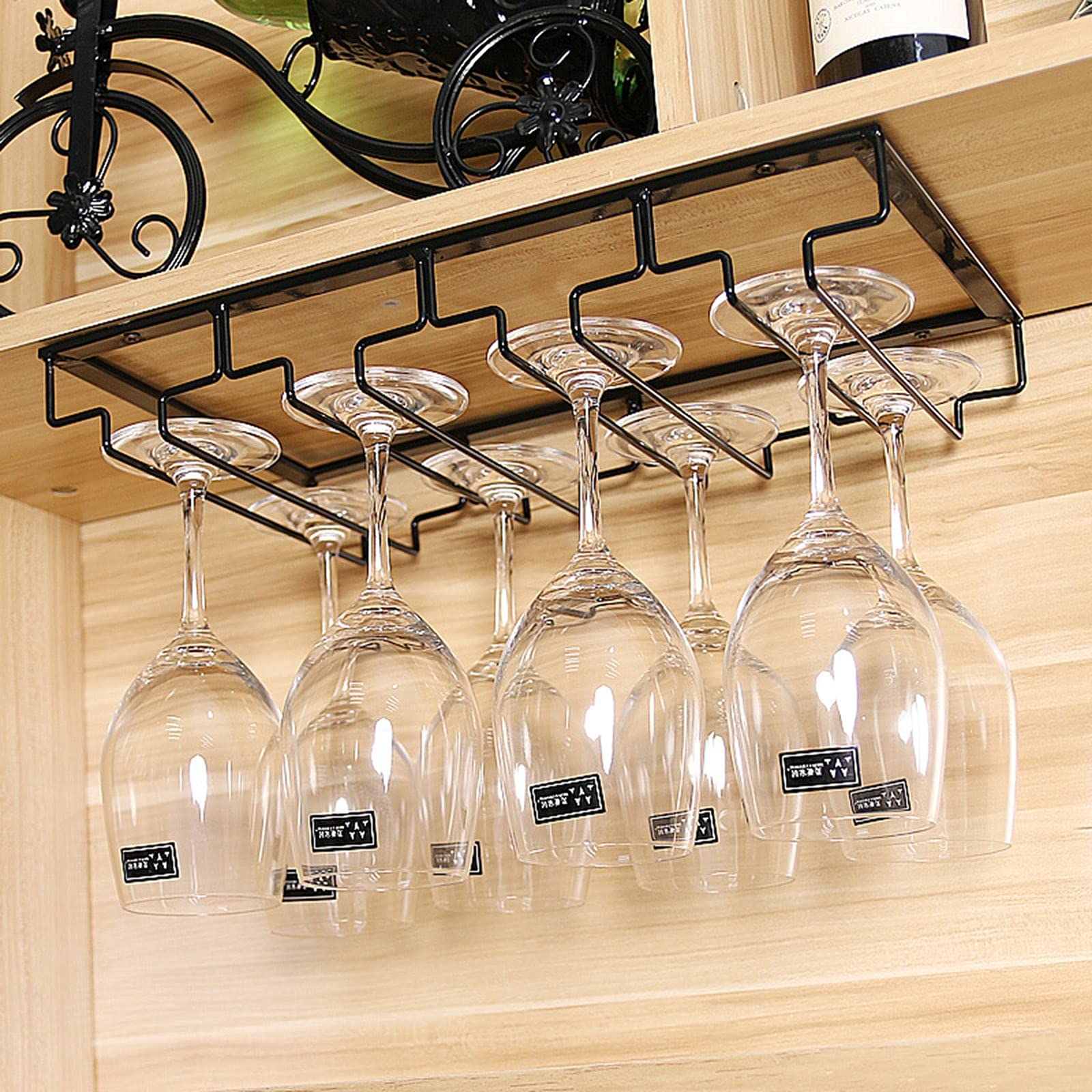 FOLOU Wine Glass Rack Under Cabinet Storage, Stemware Holder for Wire Shelves, Wine Glasses Storage Hanger Metal Organizer for Bars, Kitchen, Restaurants(34 Rows Black) (4 ROES Black)