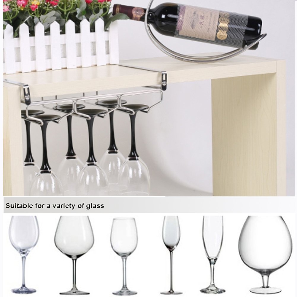 OLizee® Adjustable Stemware Rack Drill-Free Easy Installation Stainless Steel Wine Glass Hanger Under Cabinet, 3 Slot