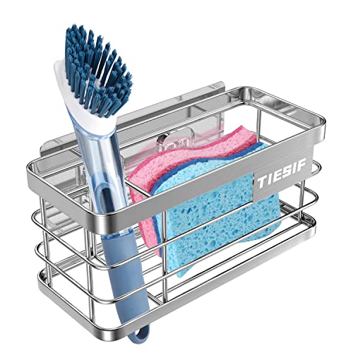 TIESIF 3 in 1 Sponge Holder for Kitchen Sink,Stainless Steel SUS304,Sink Caddy Kitchen Sink Organizer,Adhesive Sink Brush Holder Rust Proof Water Proof No Drilling