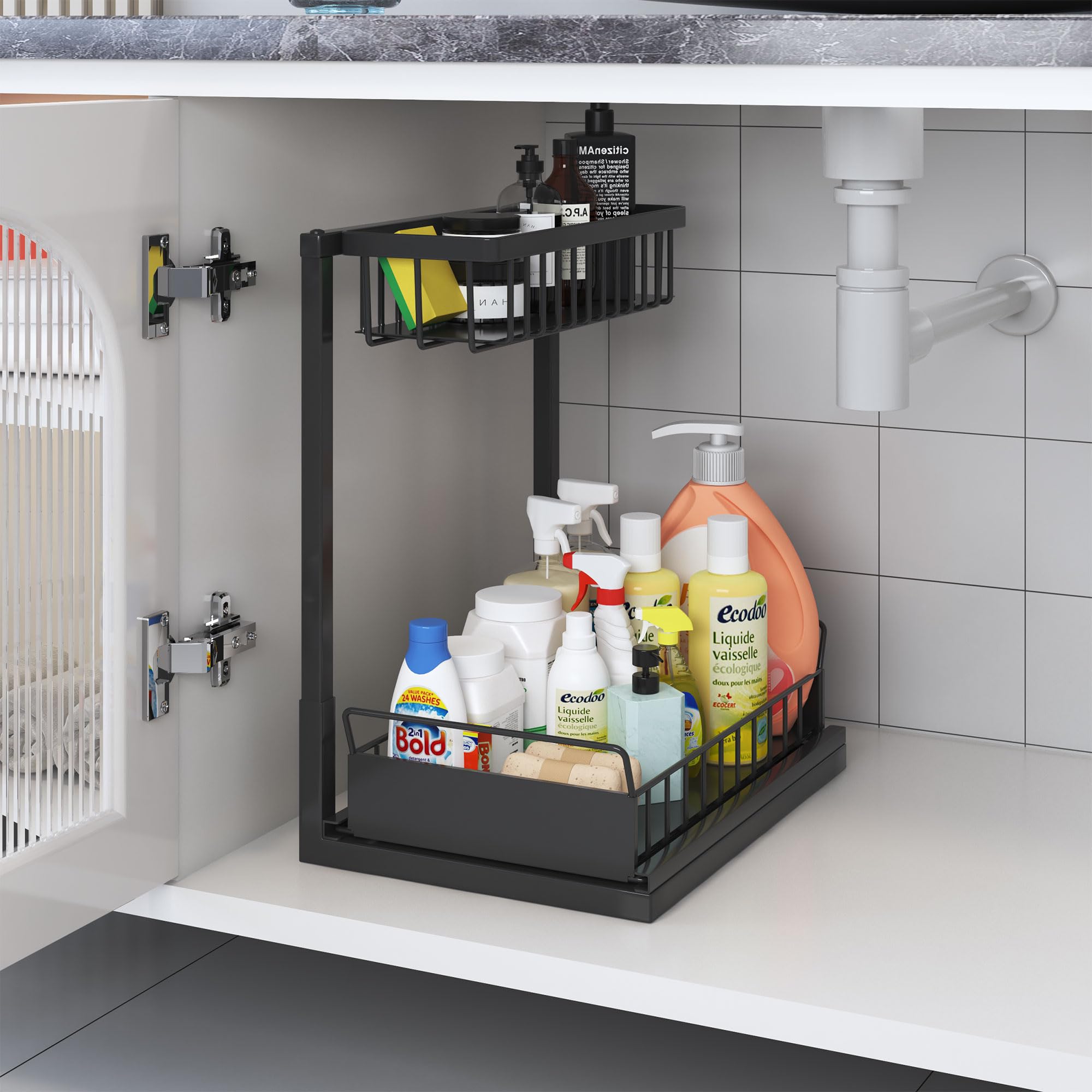 reepor 2 Pack Under Sink Organizer,2-Tier Pull Out Cabinet Organizer Under Kitchen Sink Organizer,Under Cabinet Storage Multi-Use for Bathroom Laundry Kitchen