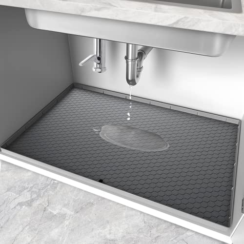 Under Sink Mats for Kitchen Waterproof - Under Sink Mat 28" x 22", Undersink Mats for Bottom of Kitchen Sink, Under the Sink Mat with Drain Hole, Cabinet Protector, Under Sink Tray for Drips, Leaks