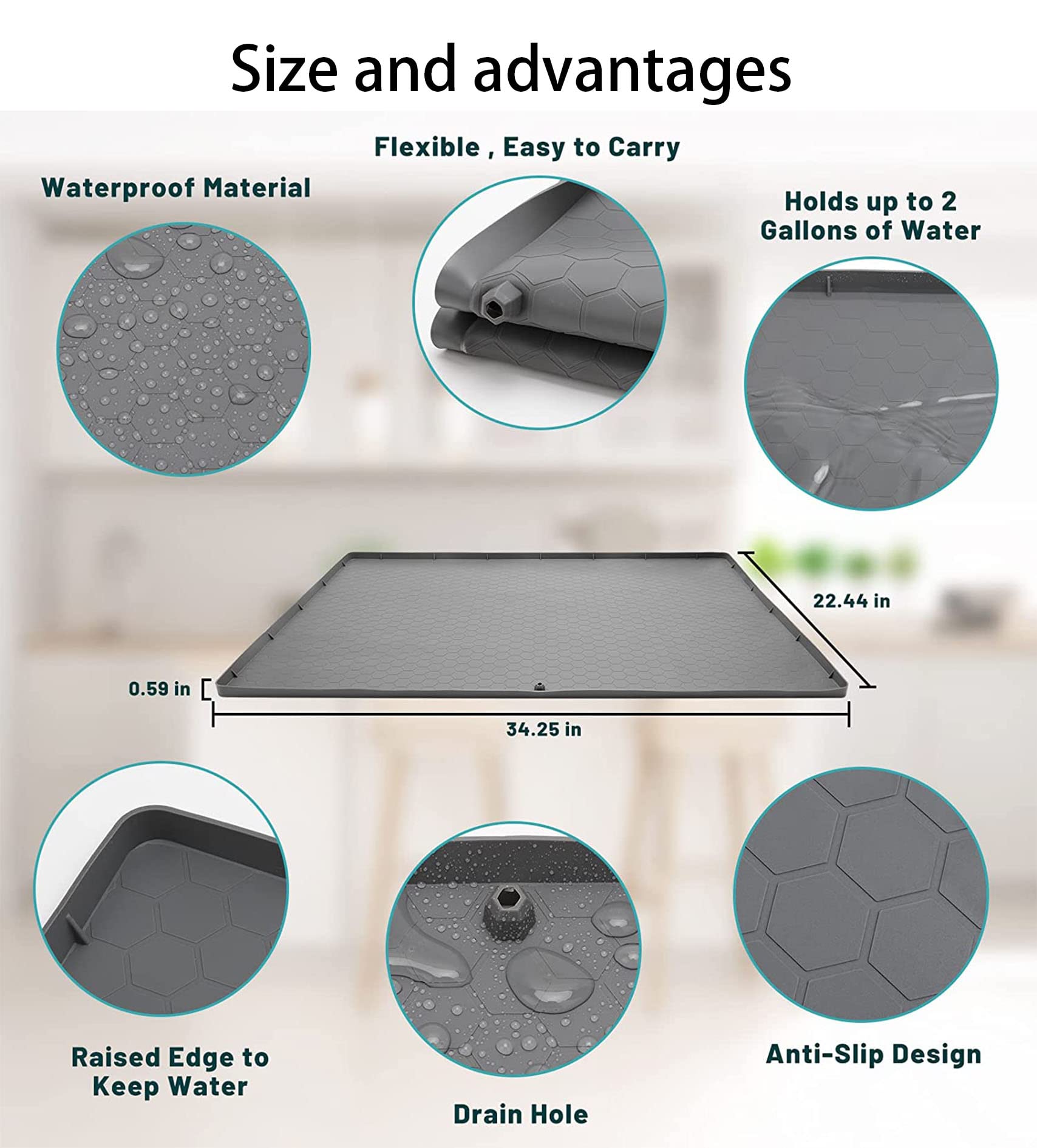 Under Sink Mat, Under the Sink Mat Waterproof, Flexible Waterproof Silicone Under Sink Liner Drip Tray with Drain Hole for Kitchen, Bathroom Cabinets(34" x 22")