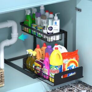 puweer under sink organizer, 2 tier slide out sink shelf cabinet storage shelves, multi-purpose under counter storage pull out organizer for kitchen bathroom cabinet