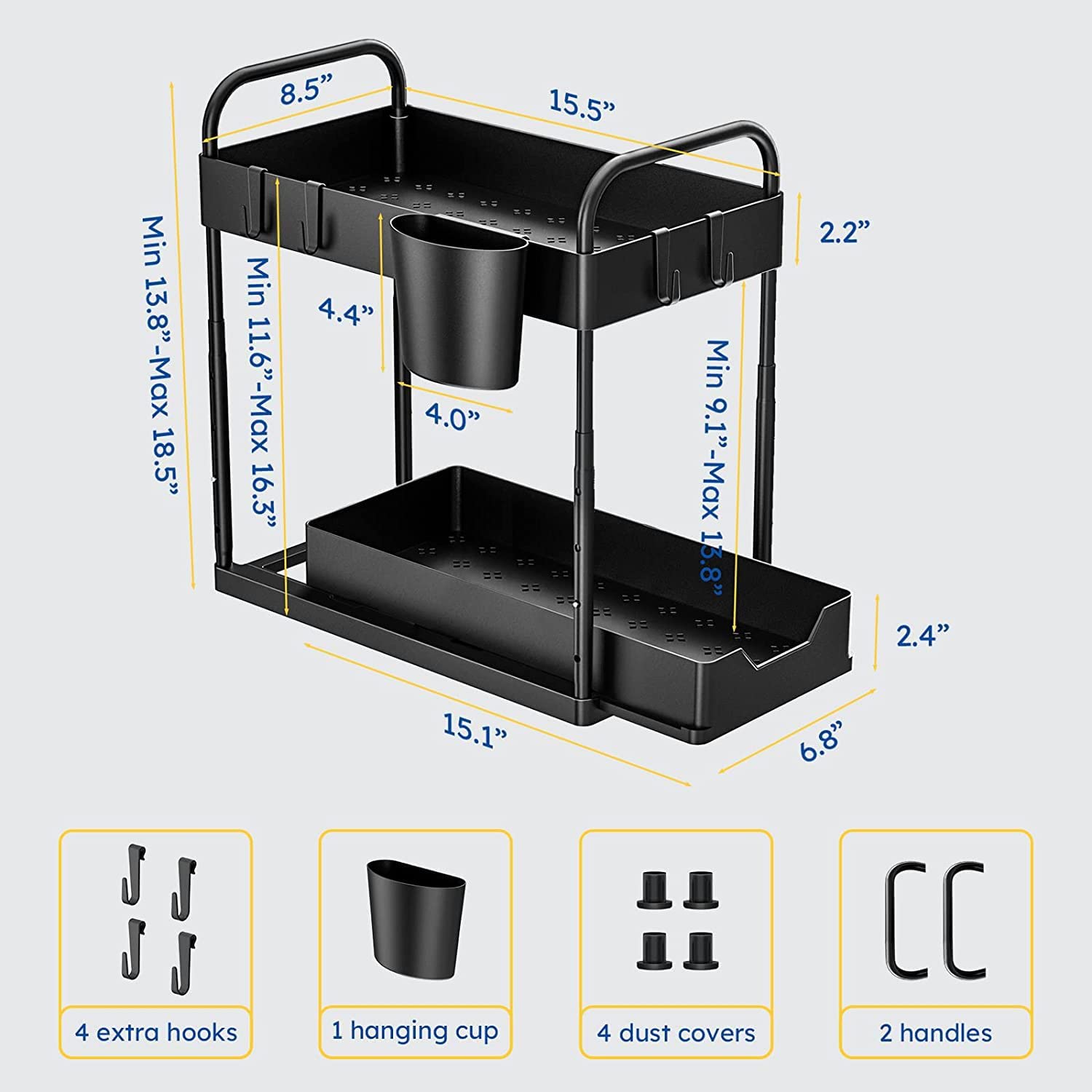 WIOSKE Space-Saving Under-Sink Organizer, Foldable, Plastic Material, Black Color, 4 Side Hooks, Small Hanging Storage Box, Maximizes Vertical Space, Easy Assembly, Sliding Drawer