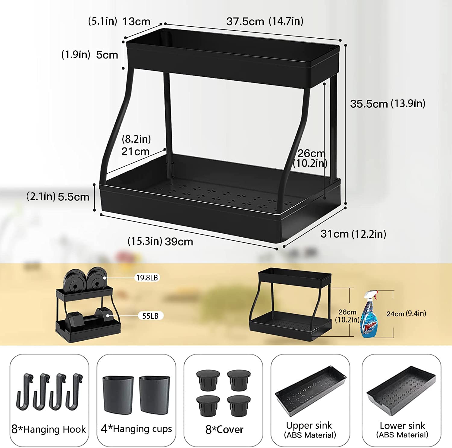 UWBGRT Under Sink Organizers and Storage 2 Pack, Bathroom Organizer 2-Tier Kitchen Cabinet Organization with Hook, Hanging Cup, Multi-purpose Under Sink Shelf Organizer for Home Storage