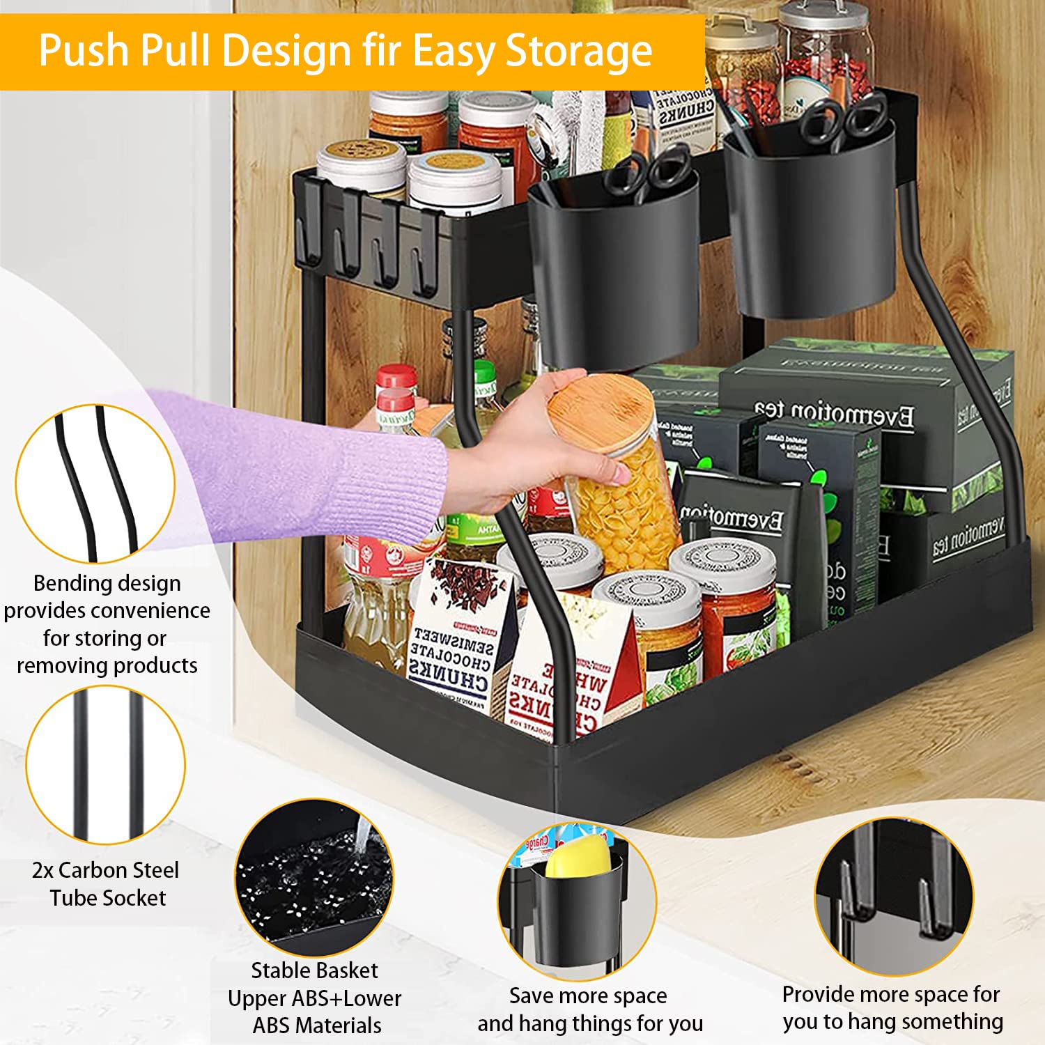 UWBGRT Under Sink Organizers and Storage 2 Pack, Bathroom Organizer 2-Tier Kitchen Cabinet Organization with Hook, Hanging Cup, Multi-purpose Under Sink Shelf Organizer for Home Storage