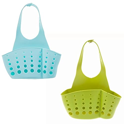 2 Package Kitchen Sink Hanging Sponge Holder, Adjustable-Faucet Holder Faucet Sponge basket, Silicone Soap Holder Hanging Ajustable Strap Faucet Caddy with Drain Holes for Drying (Green and Blue)