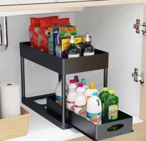 under sink organizers and storage, 2 tier under cabinet organizer with hooks, slide out bathroom organizer for bathroom and kitchen, black