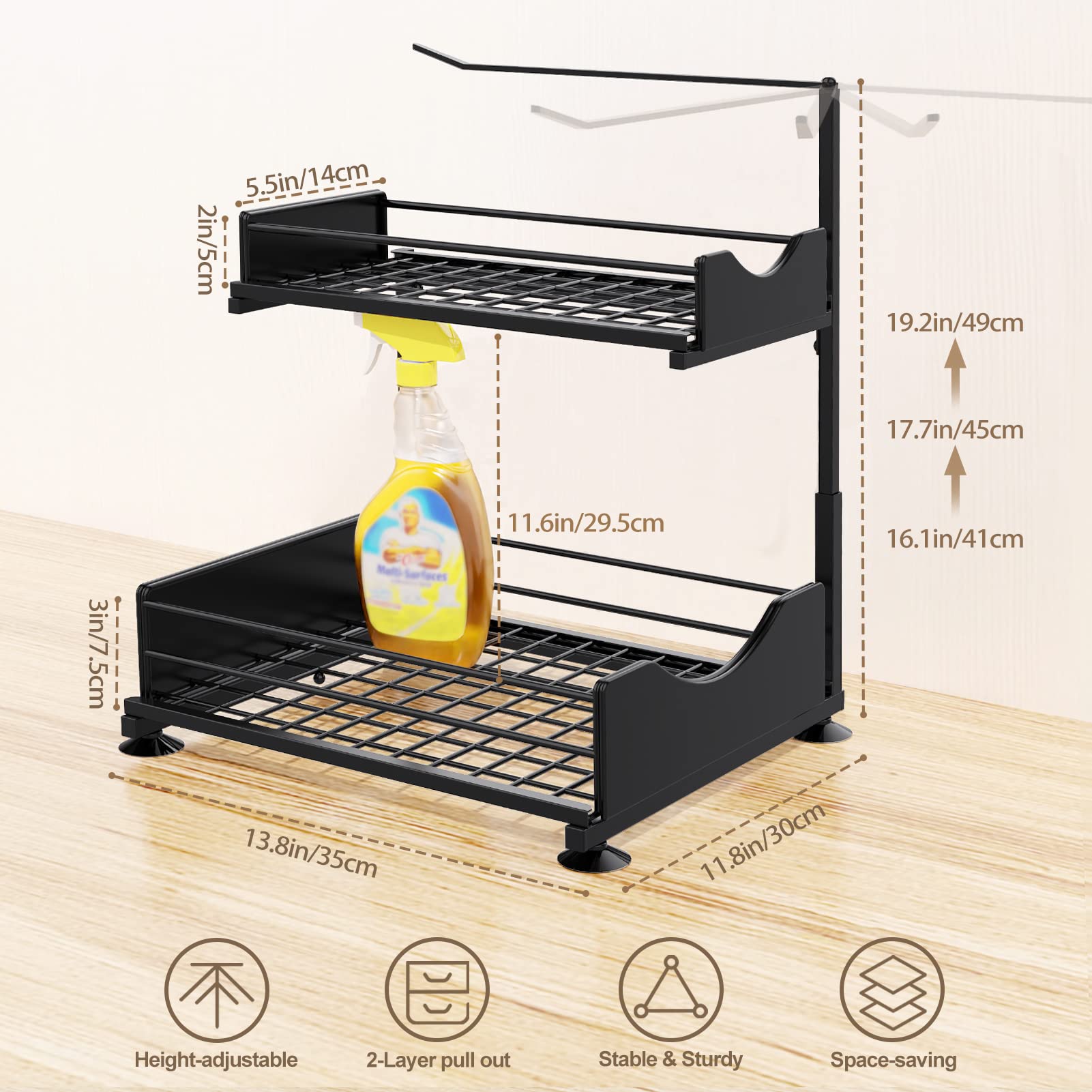 Oppro 2 Tier Under Sink Organizers and Storage Pull Out Cabinet Organizer, Upgrade 3 Height Adjustments with Sliding Metal Drawers, Multi-Use Shelf with rotating rack for Kitchen Bathroom Laundry