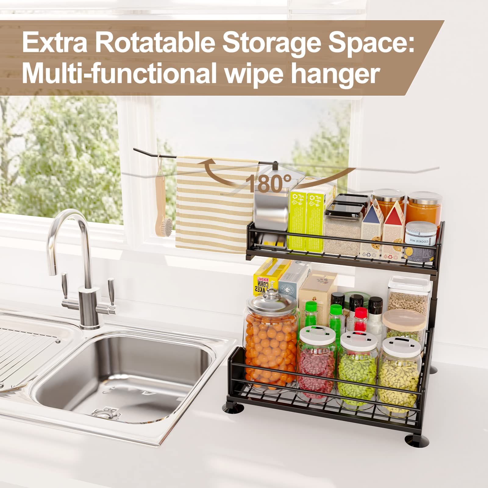 Oppro 2 Tier Under Sink Organizers and Storage Pull Out Cabinet Organizer, Upgrade 3 Height Adjustments with Sliding Metal Drawers, Multi-Use Shelf with rotating rack for Kitchen Bathroom Laundry