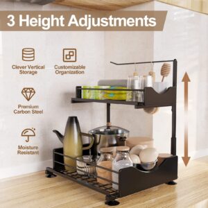 Oppro 2 Tier Under Sink Organizers and Storage Pull Out Cabinet Organizer, Upgrade 3 Height Adjustments with Sliding Metal Drawers, Multi-Use Shelf with rotating rack for Kitchen Bathroom Laundry