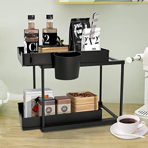 MILILOVE Under Sink Organizers, Bathroom Organizer, 2-Tier Sliding Kitchen Cabinet Organization, with Hook Hanging Cup, Multi-purpose Shelf Organizer, For Kitchen Bathroom Bedroom Office Countertop