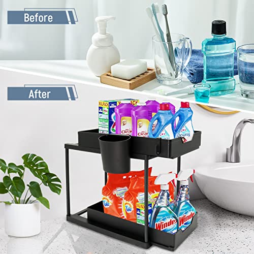 MILILOVE Under Sink Organizers, Bathroom Organizer, 2-Tier Sliding Kitchen Cabinet Organization, with Hook Hanging Cup, Multi-purpose Shelf Organizer, For Kitchen Bathroom Bedroom Office Countertop