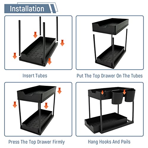 MILILOVE Under Sink Organizers, Bathroom Organizer, 2-Tier Sliding Kitchen Cabinet Organization, with Hook Hanging Cup, Multi-purpose Shelf Organizer, For Kitchen Bathroom Bedroom Office Countertop