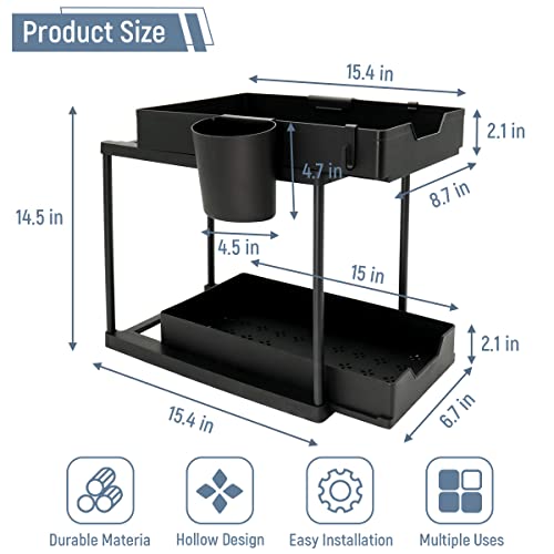 MILILOVE Under Sink Organizers, Bathroom Organizer, 2-Tier Sliding Kitchen Cabinet Organization, with Hook Hanging Cup, Multi-purpose Shelf Organizer, For Kitchen Bathroom Bedroom Office Countertop