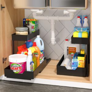 2 pack under sink organizers and storage, 2 tier pull out cabinet organizer sliding cabinet basket organizer bathroom kitchen storage with siding drawers multi-purpose office organization and storage