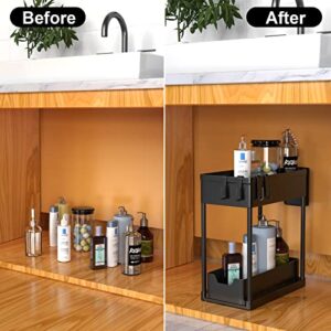 Under Sink Organizer, Under Bathroom Cabinet Storage 2 Tier Under Sink Storage Rack with 4 Hooks, Under Cabinet Organizer Baskets, Multi-purpose Under Sink Shelf Organizer for Bathroom Kitchen