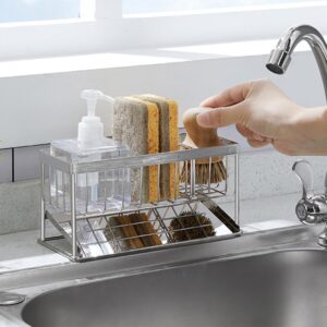 home spirit sink caddy organizer countertop for kitchen, bathroom, sponge holder, soap, brush, bottle storage gadget, angled drain tray, adjustable divider…