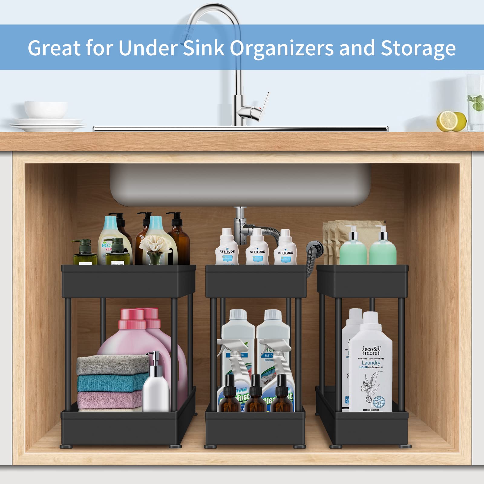 Benss 3 Pack Under Sink Organizers and Storage, 2-Tier Bathroom Cabinet Organization,Comes with 6 Hanging Cups and 24 Hooks, Organization and Storage for Kitchen Home (Black)