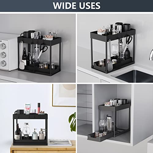 Mamibot 2 Tier Under Sink Organizer Shelf with Sliding Storage Drawer, Multi-Purpose Pull Out Collection Baskets with Hooks for Cabinet Kitchen Bathroom, Black