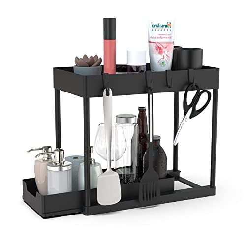 Mamibot 2 Tier Under Sink Organizer Shelf with Sliding Storage Drawer, Multi-Purpose Pull Out Collection Baskets with Hooks for Cabinet Kitchen Bathroom, Black