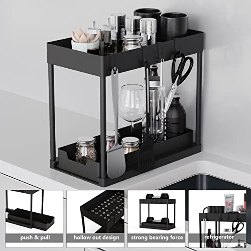 Mamibot 2 Tier Under Sink Organizer Shelf with Sliding Storage Drawer, Multi-Purpose Pull Out Collection Baskets with Hooks for Cabinet Kitchen Bathroom, Black