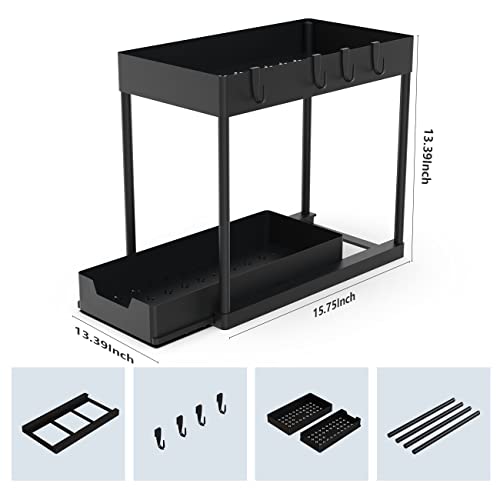 Mamibot 2 Tier Under Sink Organizer Shelf with Sliding Storage Drawer, Multi-Purpose Pull Out Collection Baskets with Hooks for Cabinet Kitchen Bathroom, Black