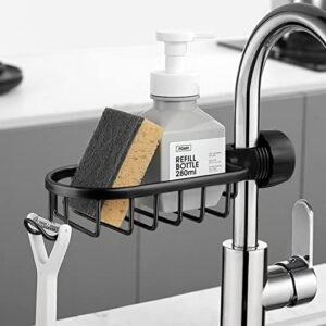 CZMIYRPY Sponge Holder for Kitchen Thin Faucet Laundry Sink Holder Adjustable Detachable Faucet Rack, Black Aluminum Faucet Rack for Soap, Shampoo, Shower Caddy Shelf