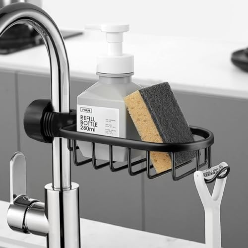 CZMIYRPY Sponge Holder for Kitchen Thin Faucet Laundry Sink Holder Adjustable Detachable Faucet Rack, Black Aluminum Faucet Rack for Soap, Shampoo, Shower Caddy Shelf