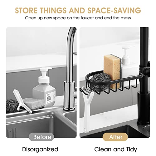 CZMIYRPY Sponge Holder for Kitchen Thin Faucet Laundry Sink Holder Adjustable Detachable Faucet Rack, Black Aluminum Faucet Rack for Soap, Shampoo, Shower Caddy Shelf