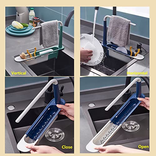 PKHOUHYI Telescopic Sink Storage Rack Holder,Adjustable 2-in-1 Telescopic Sink Drain Storage Racks,Sink Storage Rack Kitchen Organizer Soap Sponge/Brush/Rag Holder Black