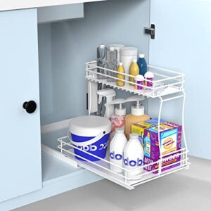 tooyimr under sink organizers and storage，2 tier pull out cabinet organizer with sliding storage drawer，multi-purpose bathroom organizer under sink shelf rack for kitchen/bathroom/office(white)