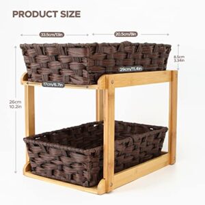 2-Tier Under the Sink Organizer Wicker Baskets, Under Bathroom/Kitchen Sink Organizers and Storage, 2 Slide-Out Storage Baskets and Bamboo Tray for Bathroom Kitchen Pantry Medicine Cabinet Counter