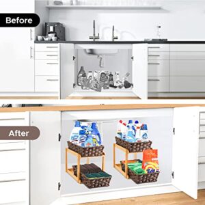 2-Tier Under the Sink Organizer Wicker Baskets, Under Bathroom/Kitchen Sink Organizers and Storage, 2 Slide-Out Storage Baskets and Bamboo Tray for Bathroom Kitchen Pantry Medicine Cabinet Counter