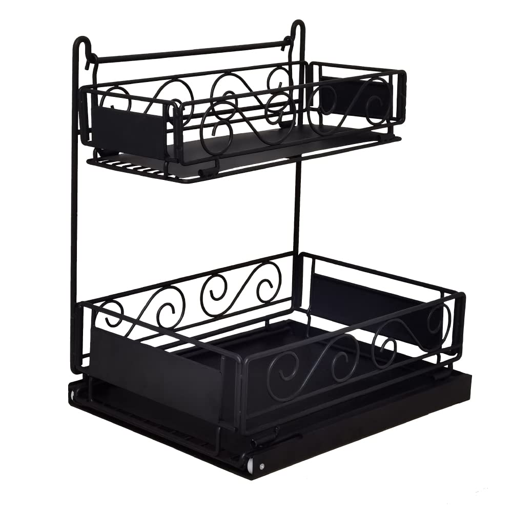 Under Sink Organizers and Storage,All Metal Pull-Out Sliding Drawers with Wheels 2-Tier Large Capacity Heavy Load Vanity Cabinet Organizer Shelf Rack for Bathroom and Kitchen, Black