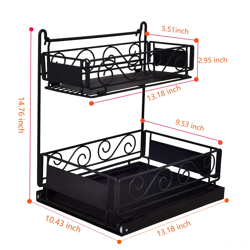 Under Sink Organizers and Storage,All Metal Pull-Out Sliding Drawers with Wheels 2-Tier Large Capacity Heavy Load Vanity Cabinet Organizer Shelf Rack for Bathroom and Kitchen, Black