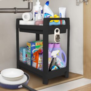 multipurpose under sink storage rack for closet cabinet,under bathroom kitchen sink organizer,2 tier countertop collection baskets shelf with hooks for home office (black)