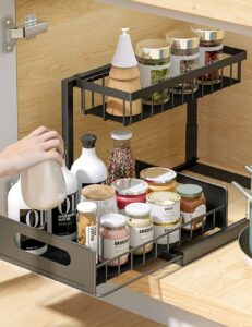 jpsdows under sink organizer storage for kitchen cabinet 2 tier metal sliding pull out drawer shelf basket organization rack multi-purpose for bathroom countertop black