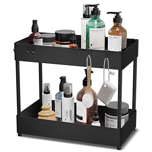 Gadhra Under Sink Organizers And Storage, 2 Tier Under Bathroom Cabinet Basket Organizer Drawer with Hooks,Bathroom Cabinet Organizer and Undersink Organizers,Multi-purpose Storage Shelves