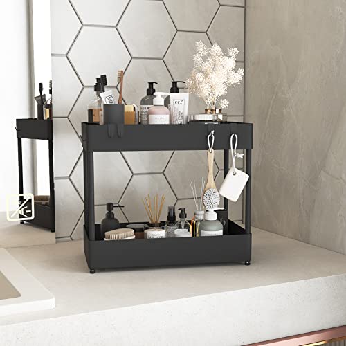 Gadhra Under Sink Organizers And Storage, 2 Tier Under Bathroom Cabinet Basket Organizer Drawer with Hooks,Bathroom Cabinet Organizer and Undersink Organizers,Multi-purpose Storage Shelves