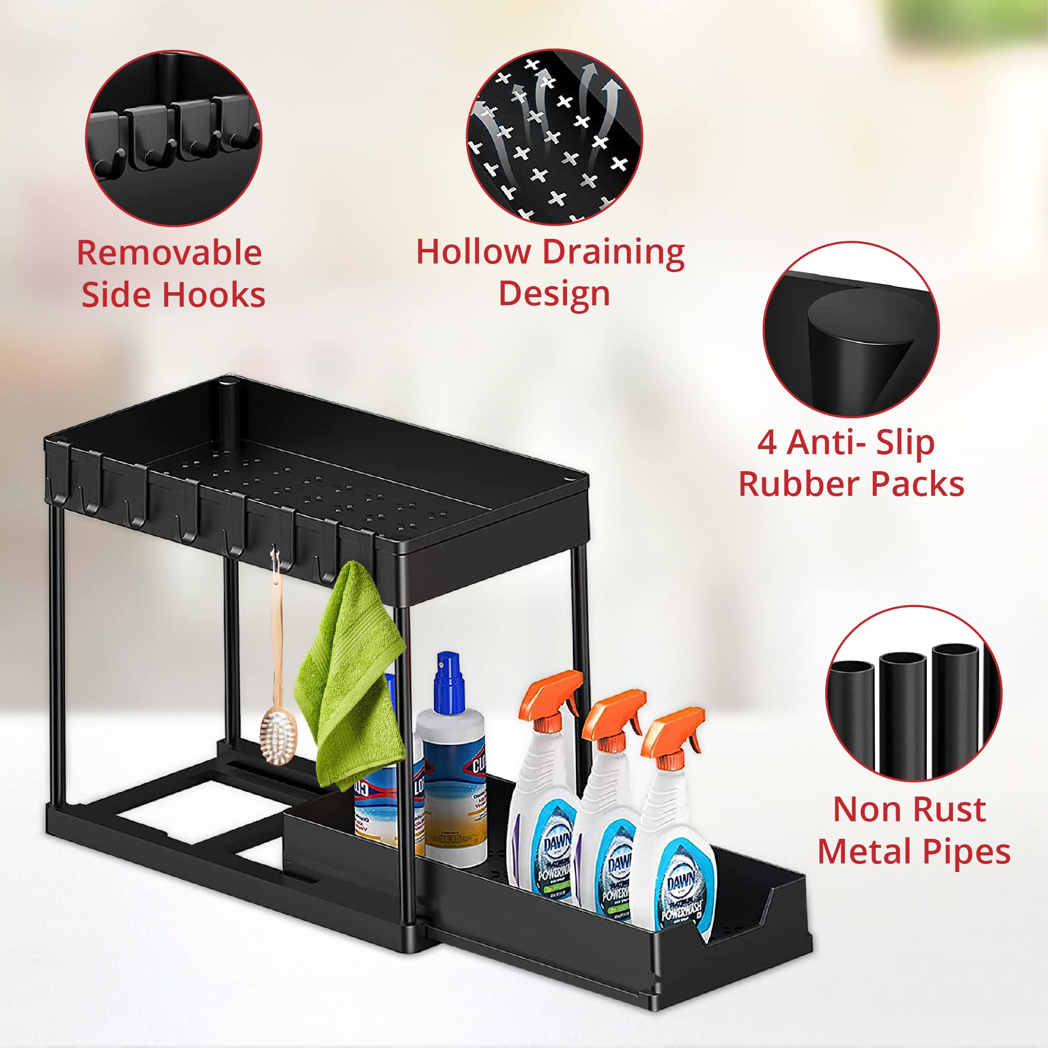 2 levels Under Sink Organizer, Under Sink Organizers with Sliders & Hooks, Our Bathroom Organization Comes with Sink Splash Guard, Black Kitchen Sink Organizer, Under Sink Organizers And Storage