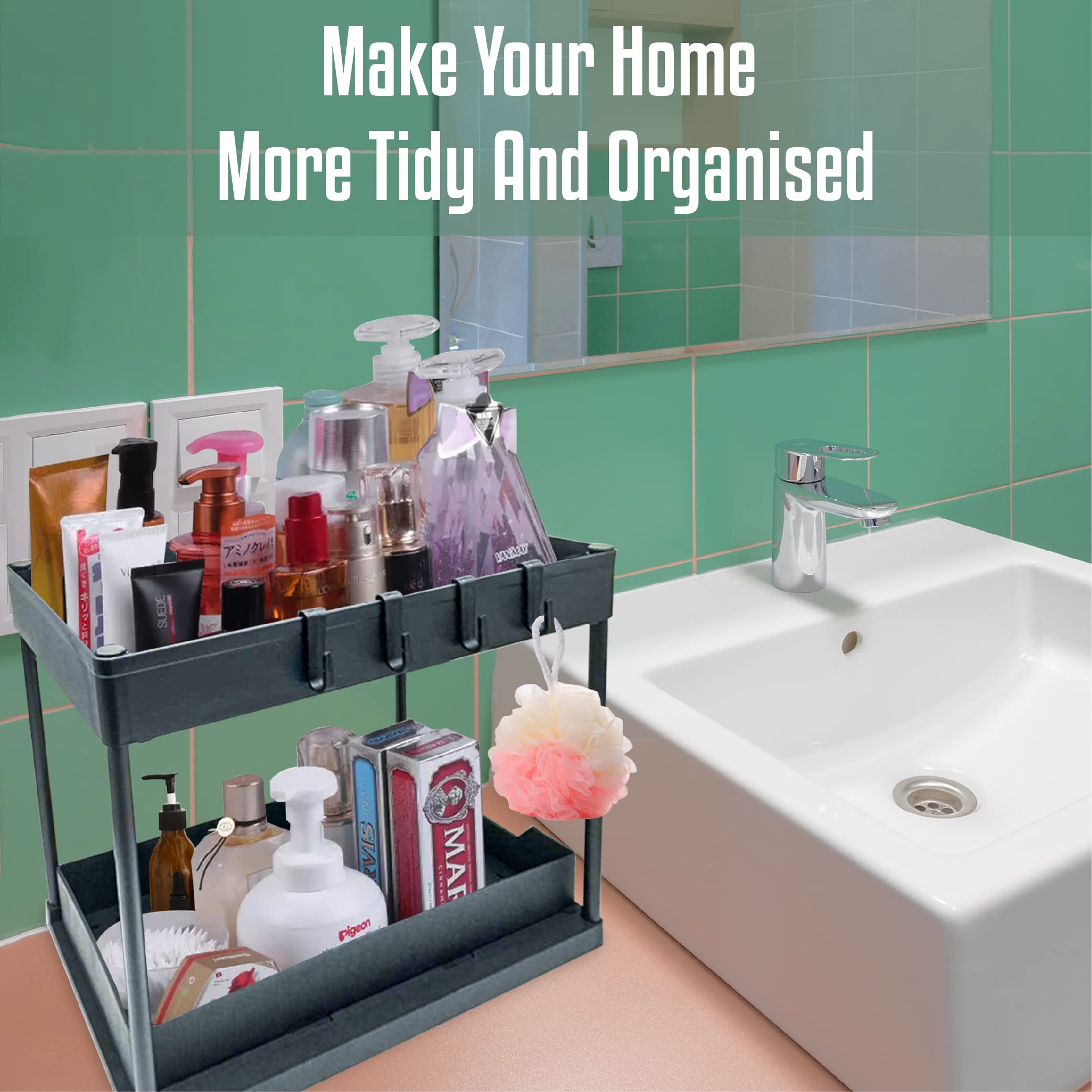 2 levels Under Sink Organizer, Under Sink Organizers with Sliders & Hooks, Our Bathroom Organization Comes with Sink Splash Guard, Black Kitchen Sink Organizer, Under Sink Organizers And Storage