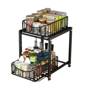 2 tier under sink pull out organizer, under cabinet organizer with sliding drawer, black stainless steel kitchen uorganization and storage suitable for bathroom, kitchen