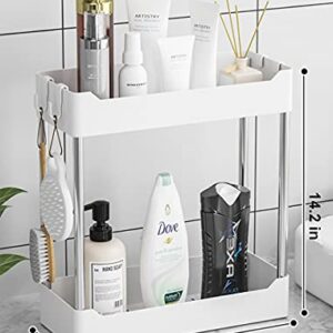 2 Tier Bathroom Organizer Under Sink Organizer Bath Collection Baskets with Hooks Multi-purpose Bathroom Storage for Bathroom Kitchen, White