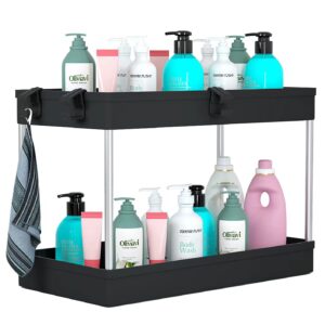 under sink organizers and storage, 2 tier storage under cabinet bathroom kitchen organization and storage with 4 hooks, multi-purpose under sink storage for bathroom kitchen, black